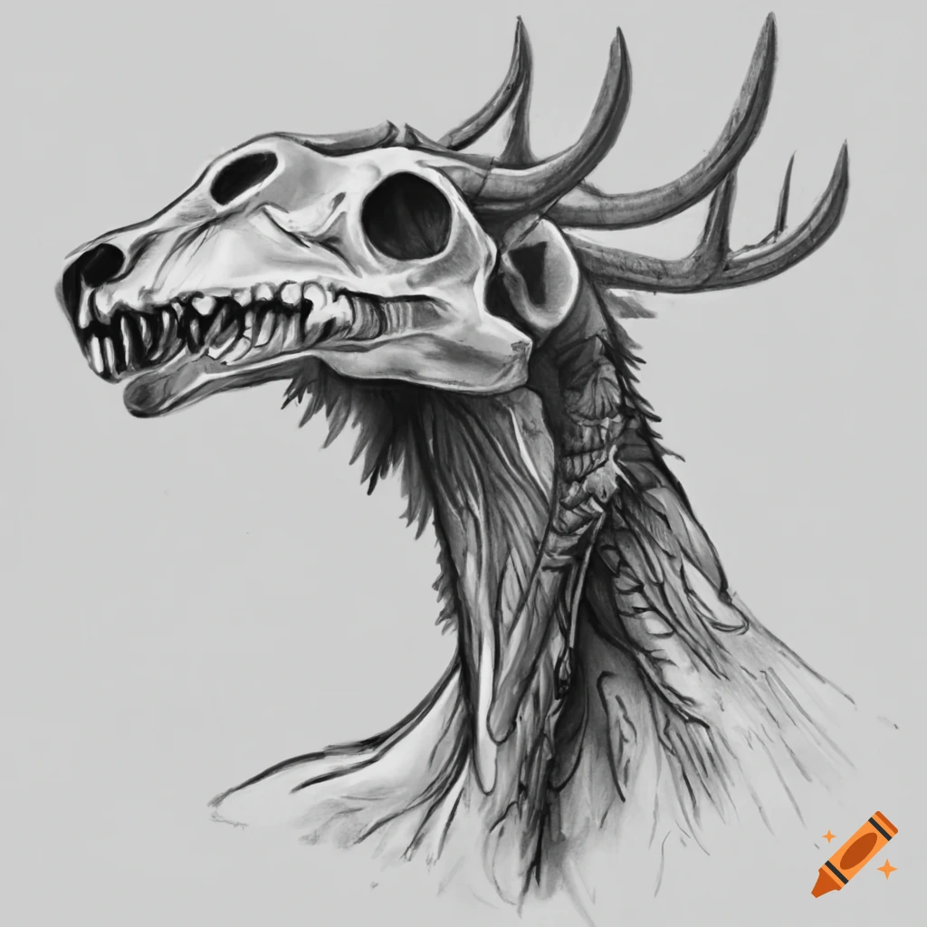 Side view pencil sketch of a Native American wendigo with deer skull ...