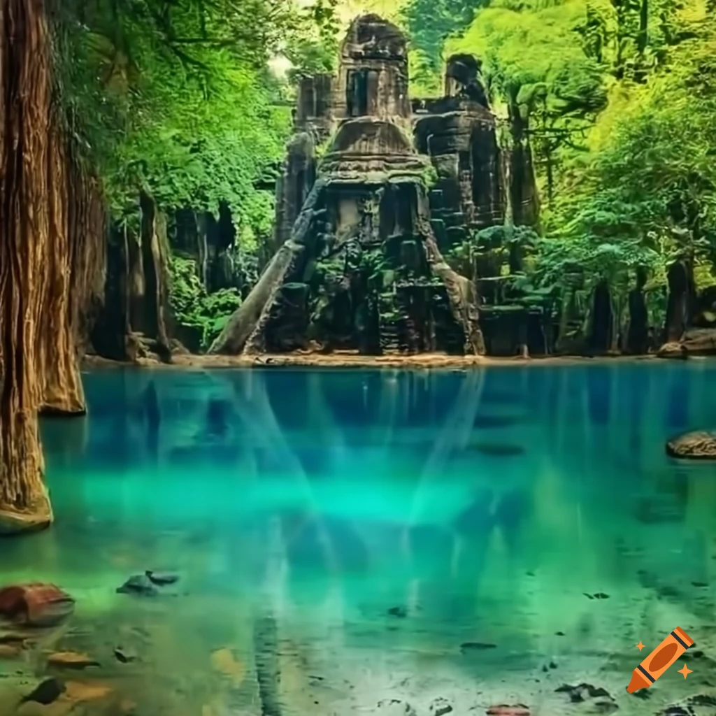 Exploring ancient ruins in a jungle near a blue lake on Craiyon