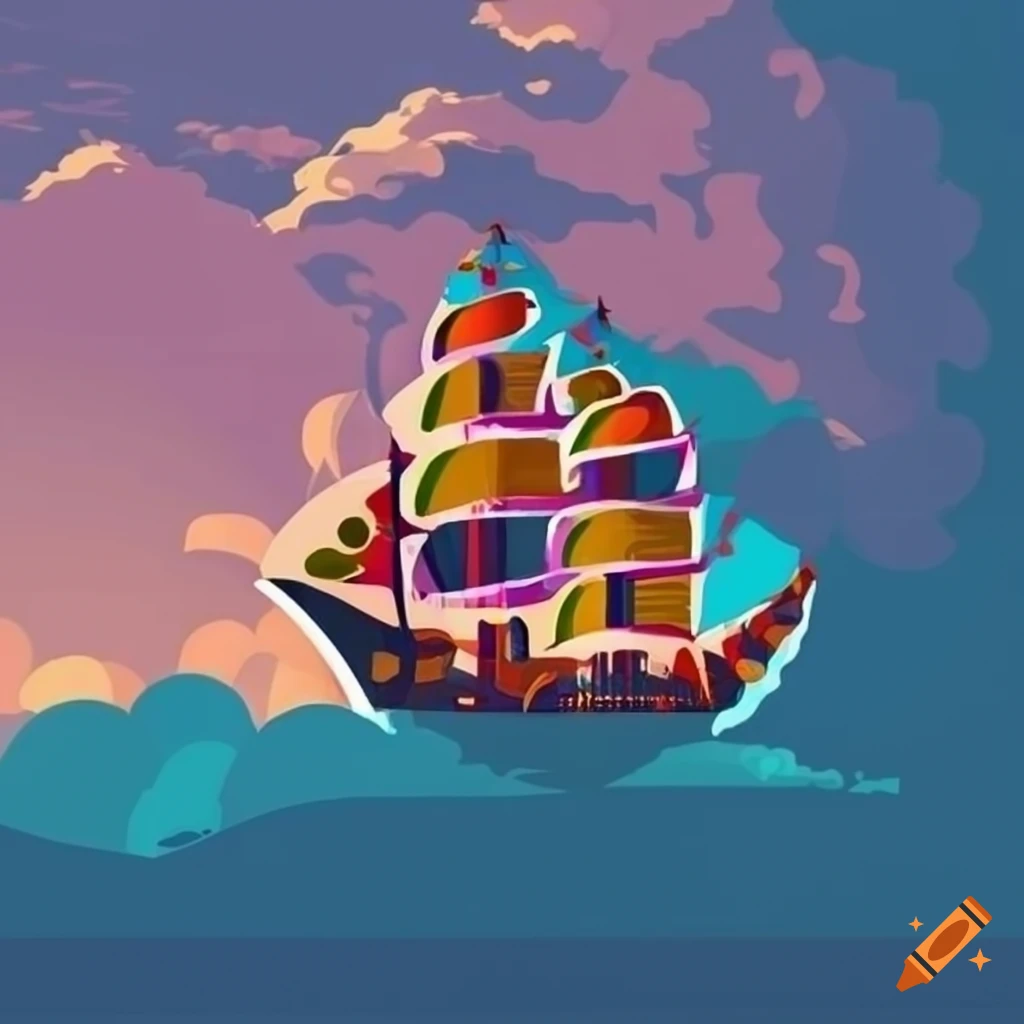 Colorful ship with indian culture sails in the sky with fluffy clouds ...