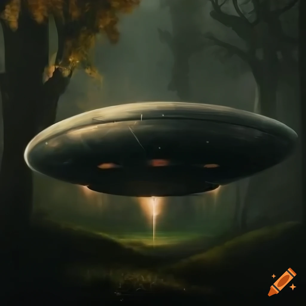 Ufo flying over trees in a hyper realistic dark atmosphere on Craiyon