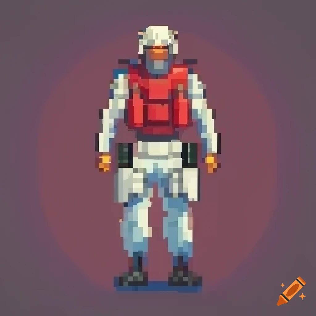 Pixel art fps enemy soldier in white uniform and red vest, front view ...