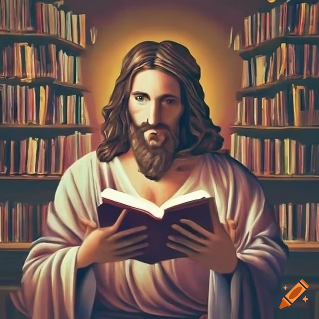 Jesus reading a book in a library on Craiyon