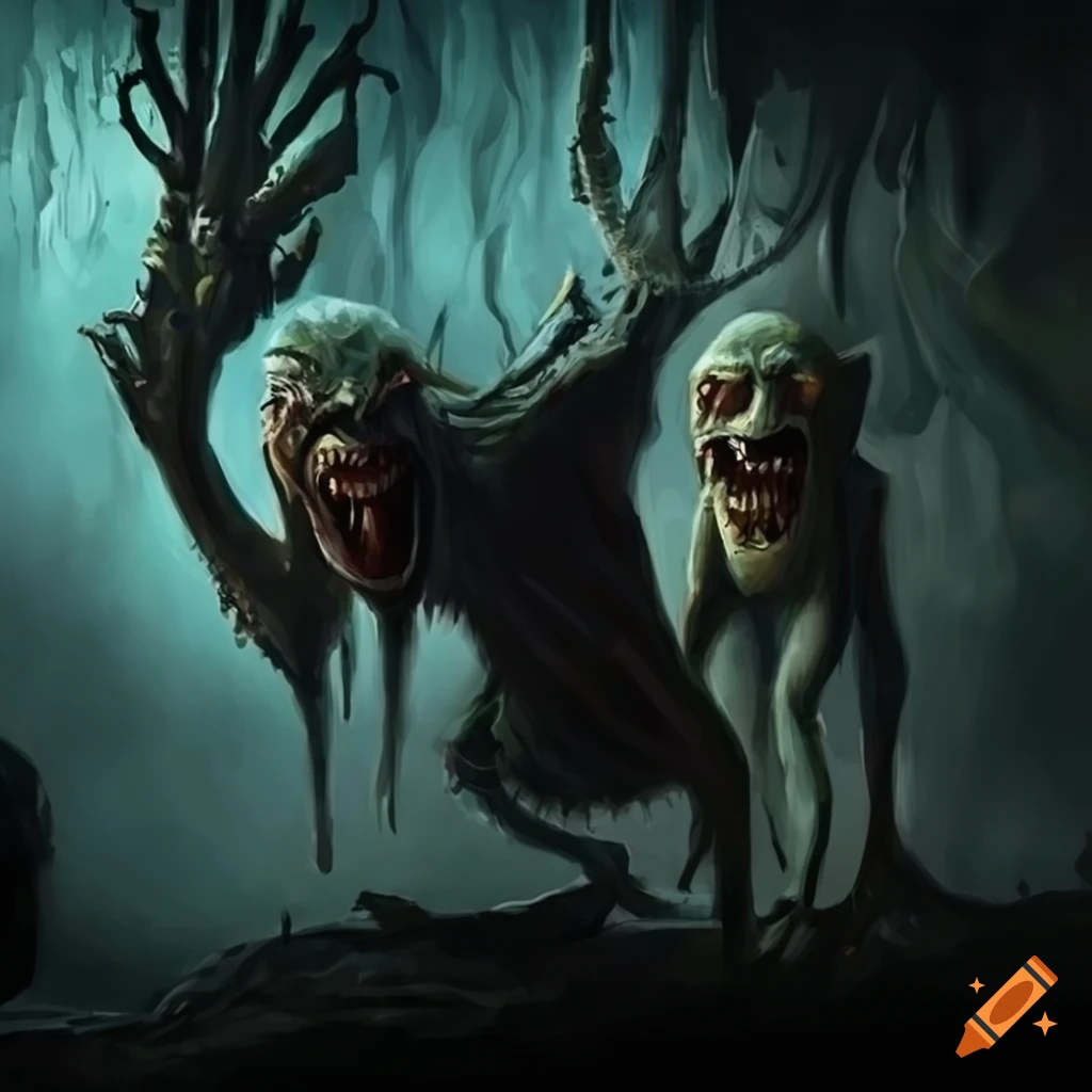 Expressionistic depiction of grotesque monsters in a dark cave on Craiyon