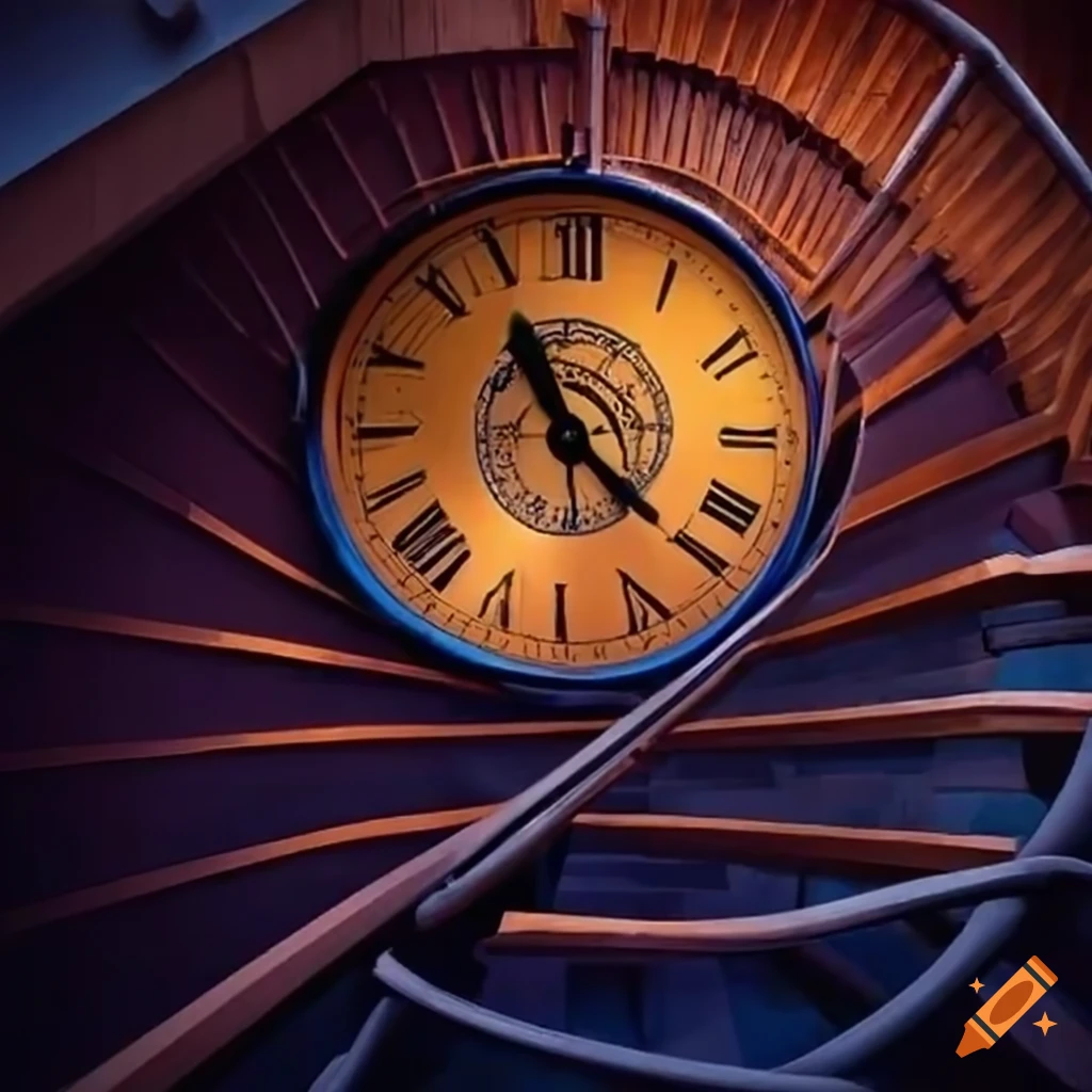 Spiral staircase combined with a clock on Craiyon