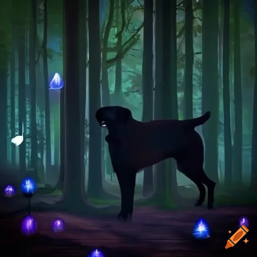 Enchanted forest with a majestic black Labrador retriever under ...