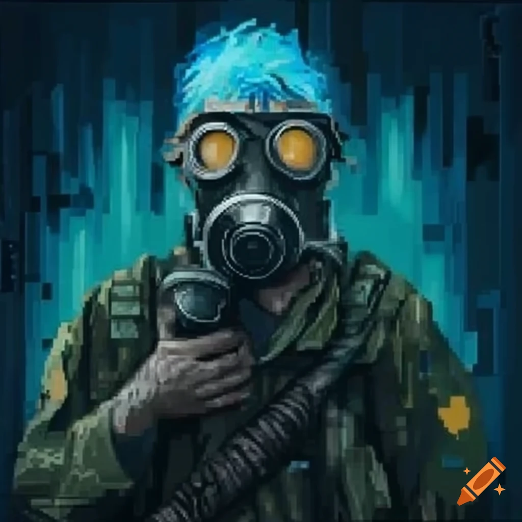 Pixel art soldier with gas mask and blue hair against stark background ...