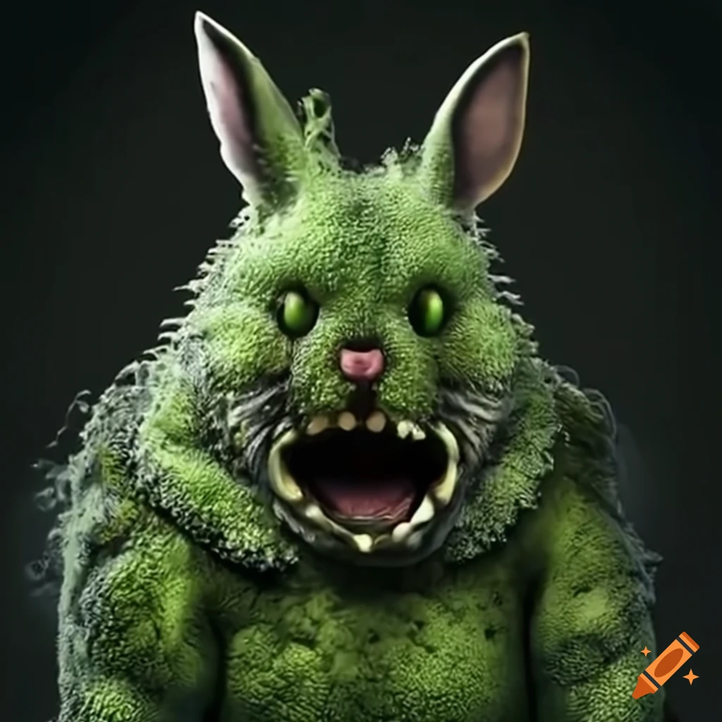 Broccoli monster chasing a terrified rabbit on Craiyon