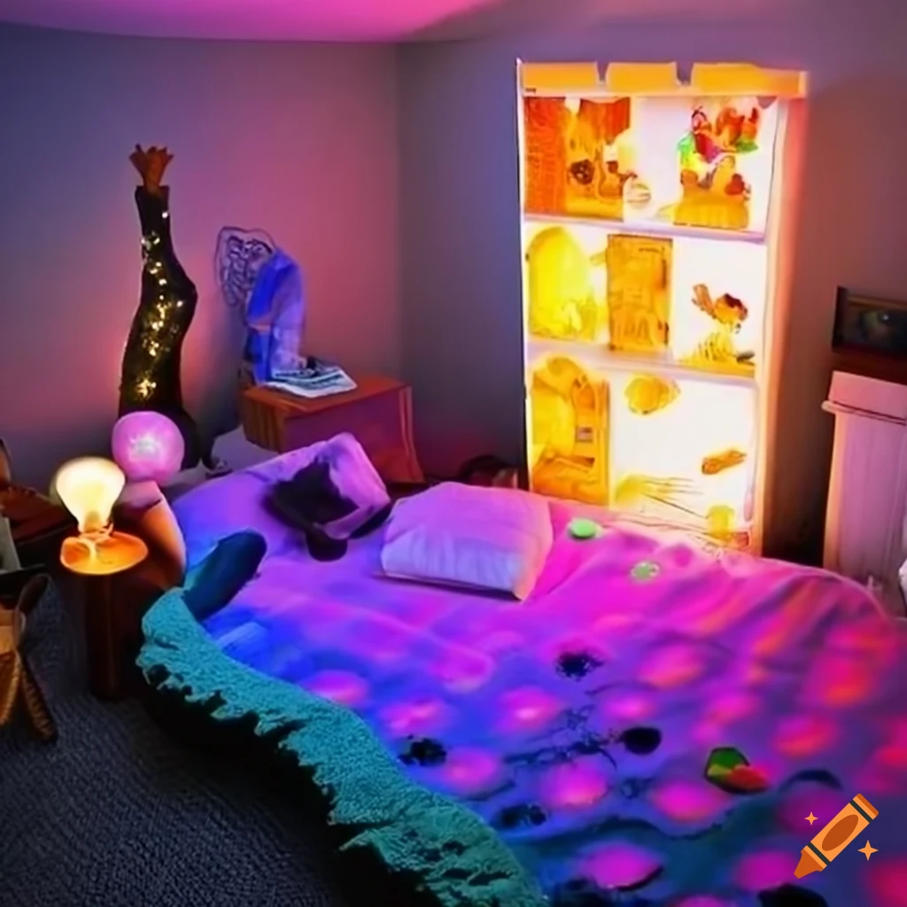 Artsy messy bedroom at night with lava lamps and tapestries on Craiyon