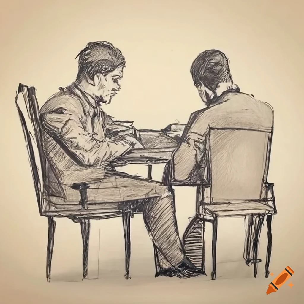 Intricate sketch of two men writing at a desk in black and white on Craiyon