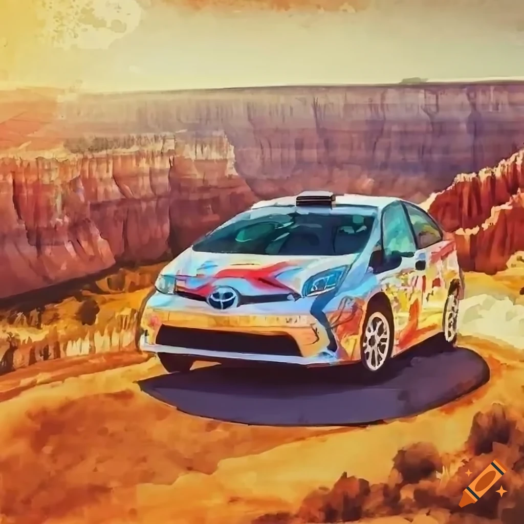 Toyota Prius rally car driving in Bryce Canyon at golden hour on Craiyon