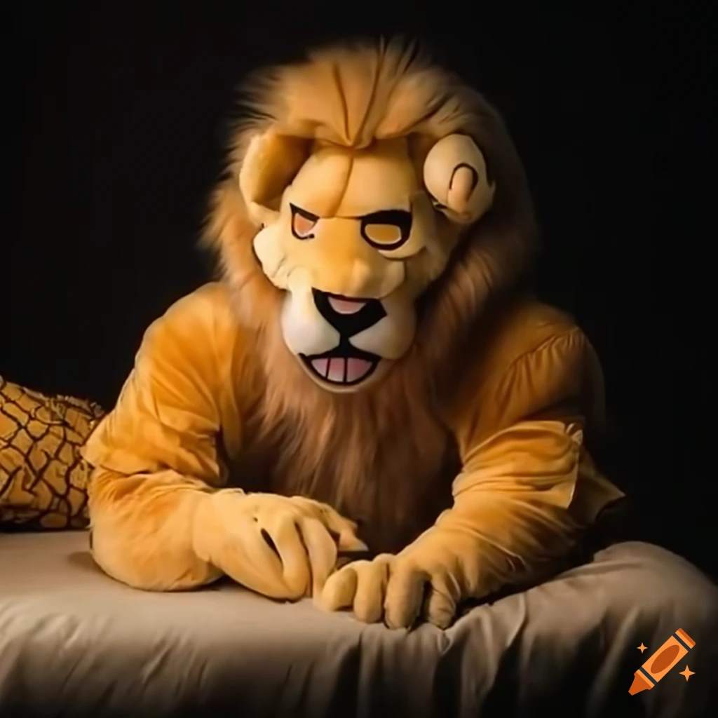 Dad sleeping on bed in muscular lion fursuit mascot costume on Craiyon