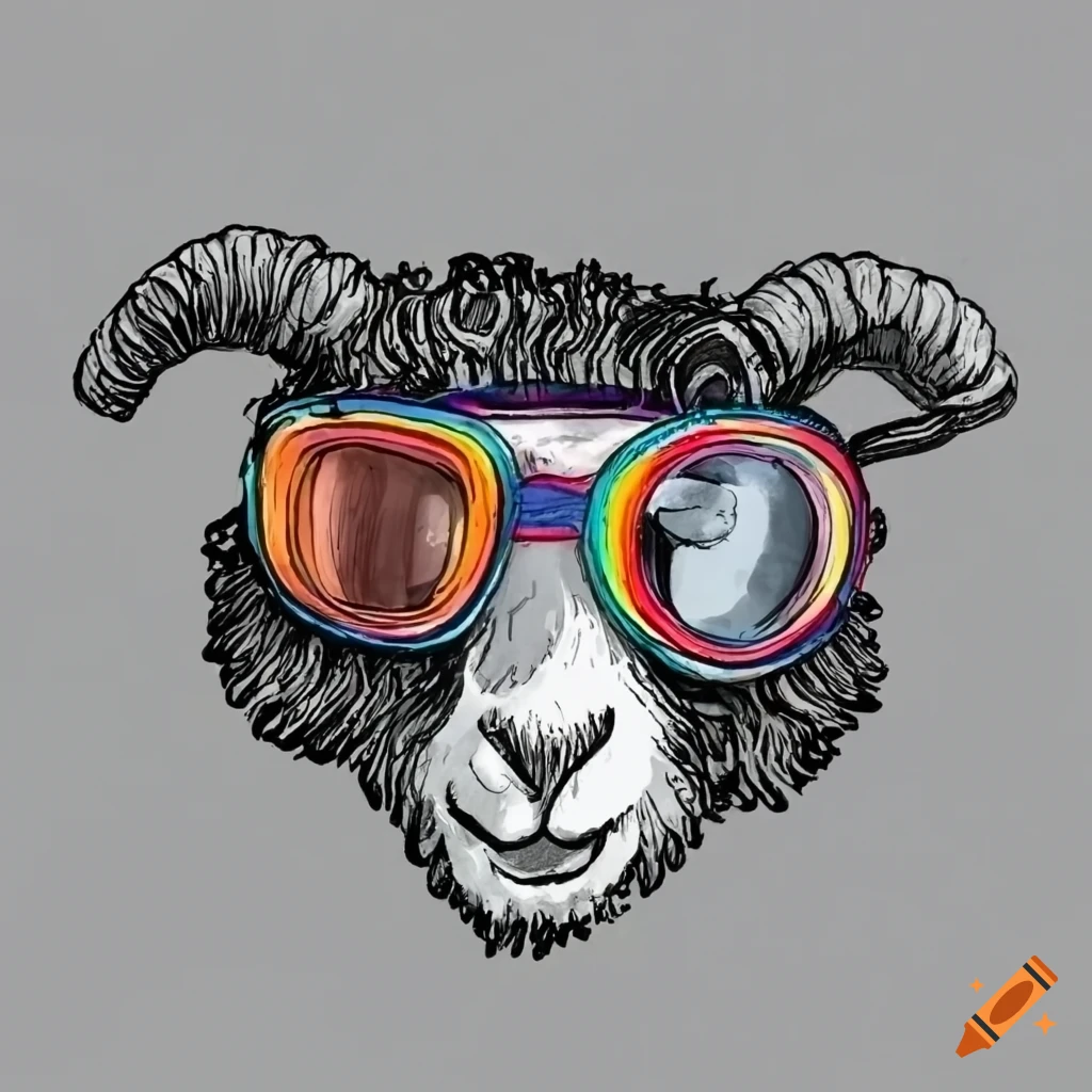 Black sheep head with racing goggles in ink drawing on Craiyon