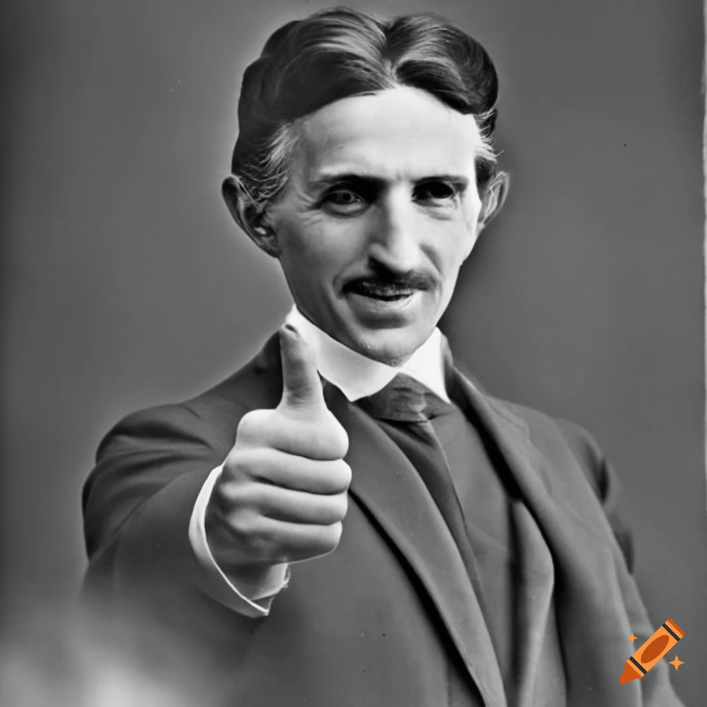 Nikola tesla smiling and giving a thumbs up on Craiyon