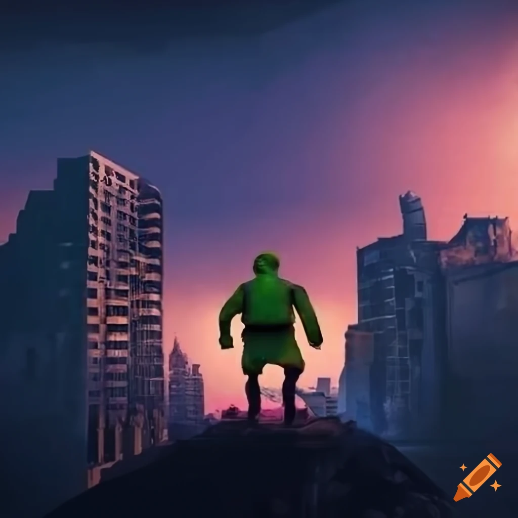 Movie poster with a Shrek-like character and apocalyptic background on ...