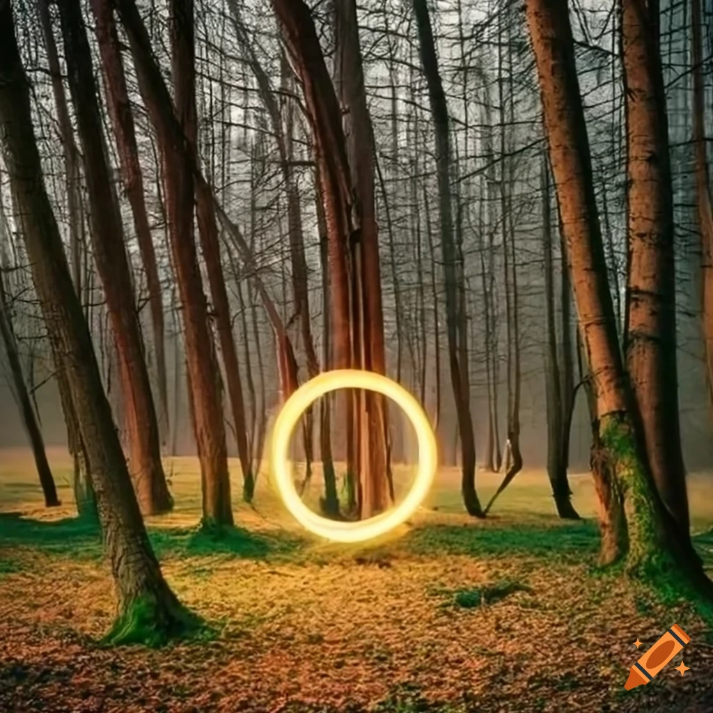 Art light installation in a forest in the alps with a hanging ring on ...