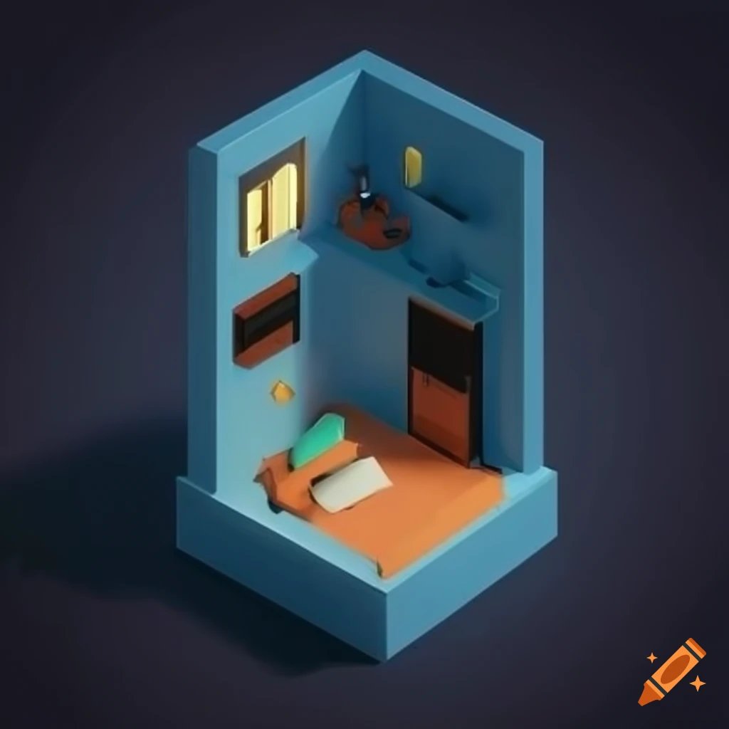 Scary isometric cozy cube room with kitchen and stairs in earth tones ...