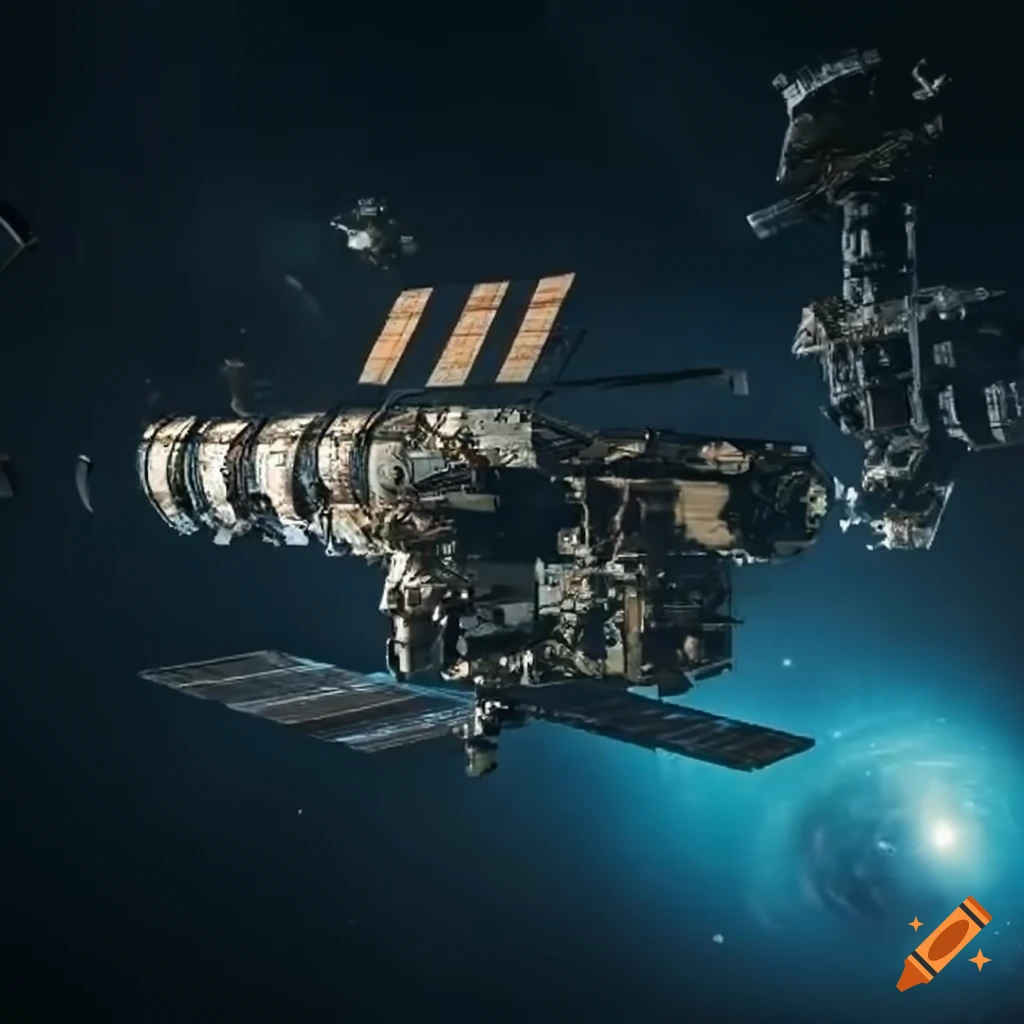 Angular space station in uncharted space with docked industrial ...