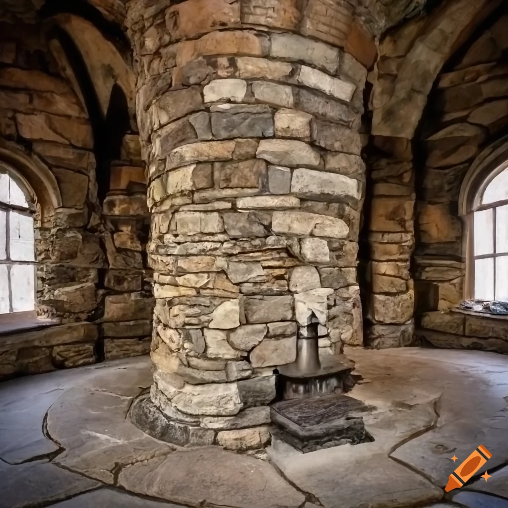 Pillar center piece forge with a stone chimney in a round stone room on ...