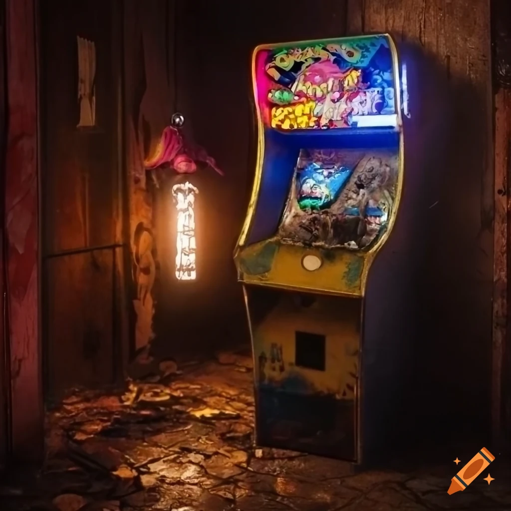Old neglected arcade with cobwebs and garbage on Craiyon