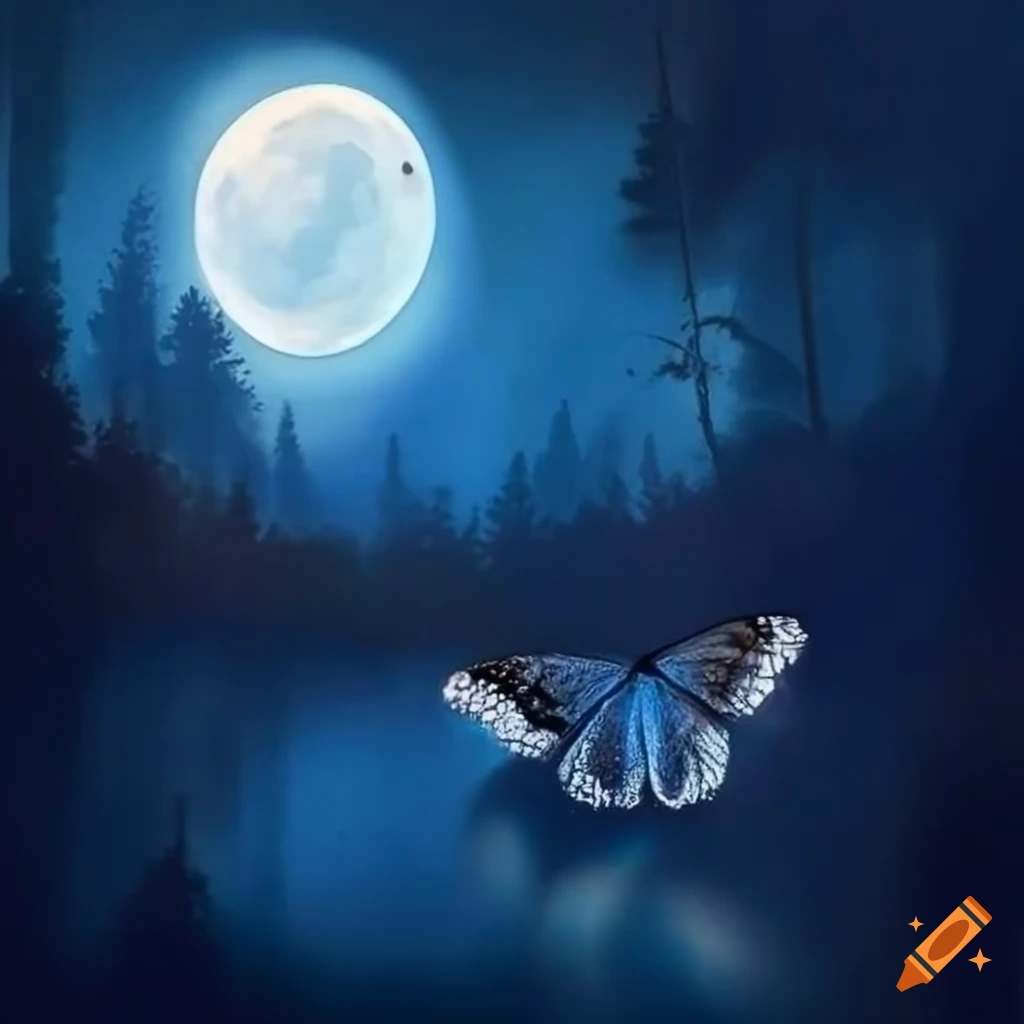 Piercing blue butterfly in a serene wilderness landscape with moonlight ...