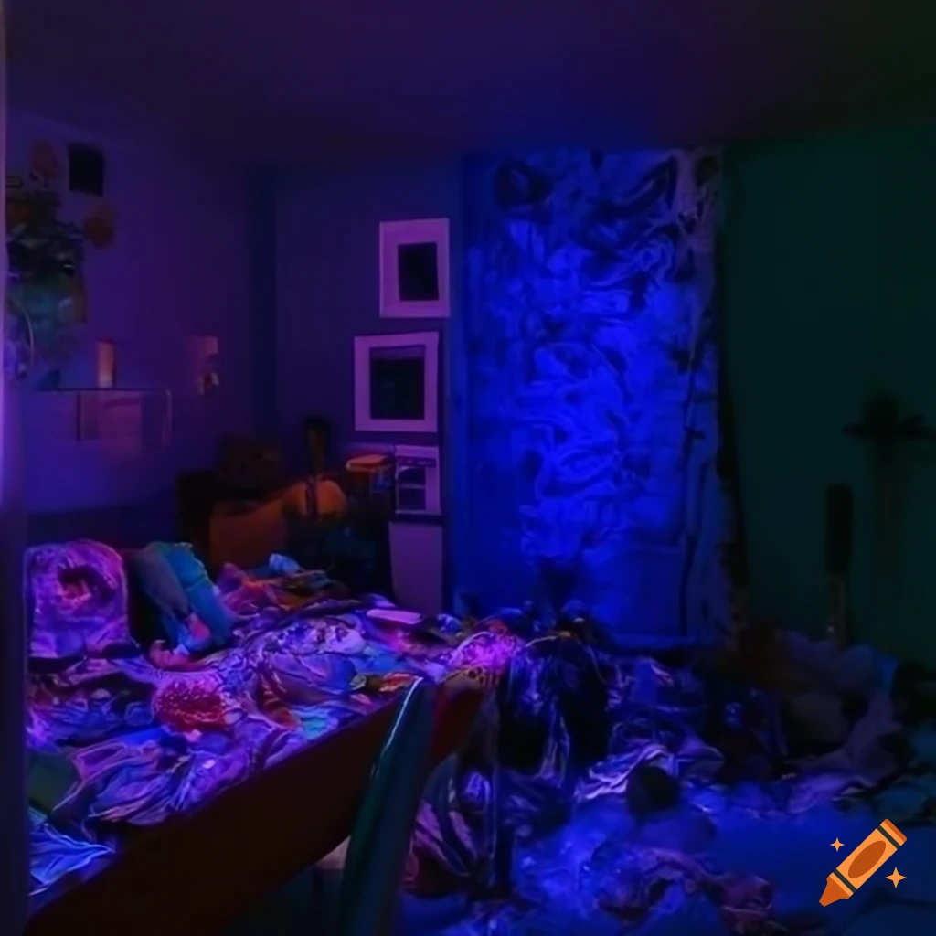 Artsy messy bedroom at night with lava lamps, pillows, and tapestries ...