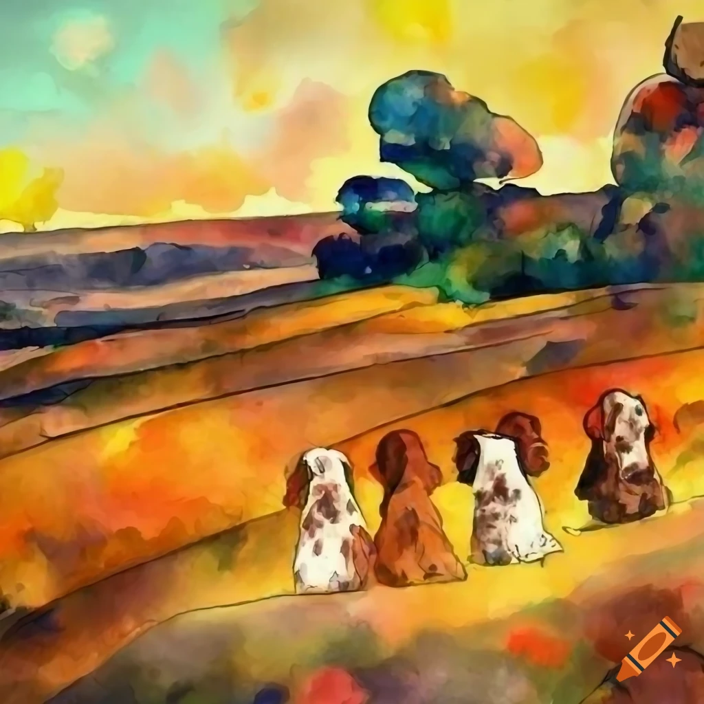 Open moors landscape with cocker spaniels wearing hats in digital ...