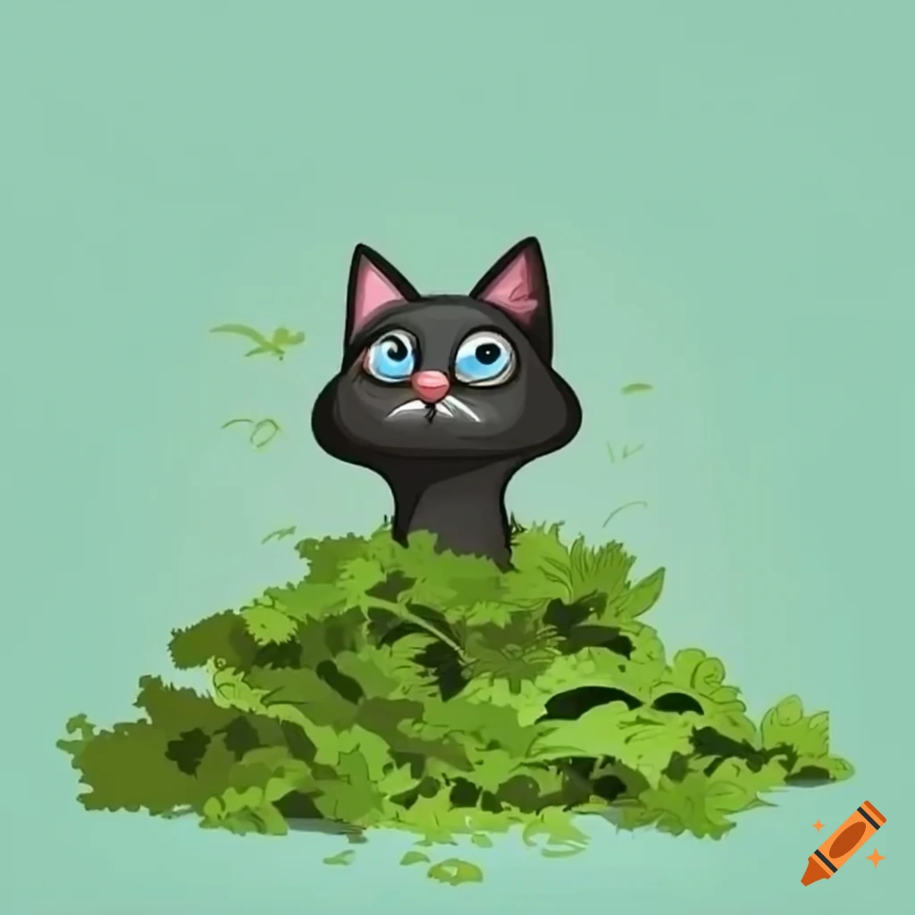 Cartoon cat enjoying a pile of catnip on Craiyon