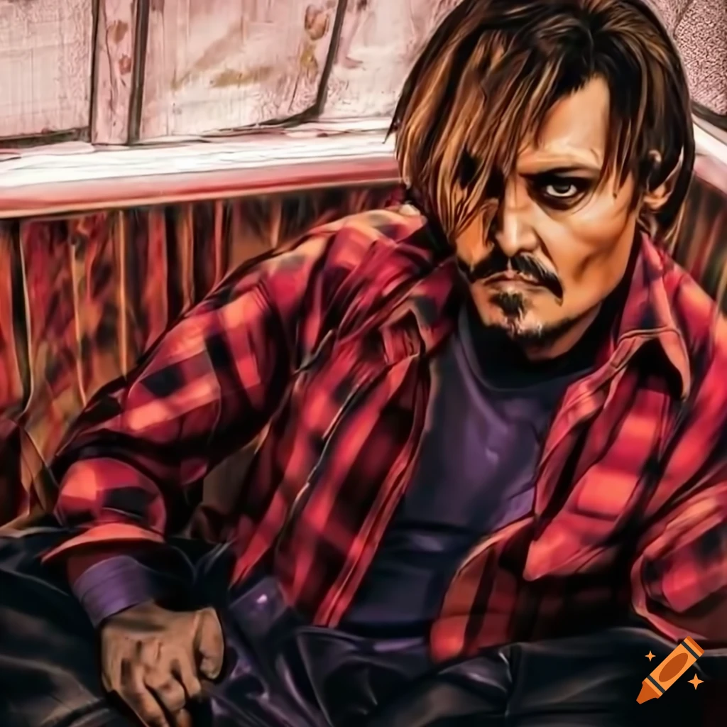 Actor Johnny Depp in red plaid shirt and black leather trousers sitting ...