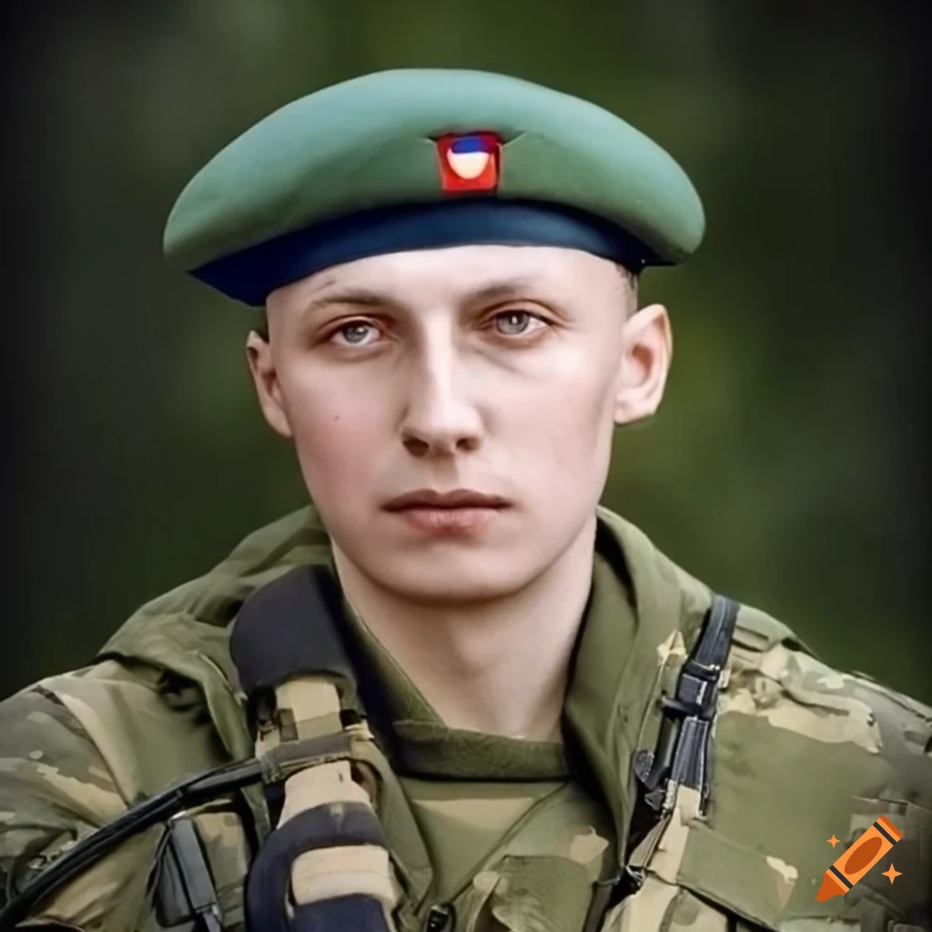Russian soldier in uniform with a serious expression on Craiyon