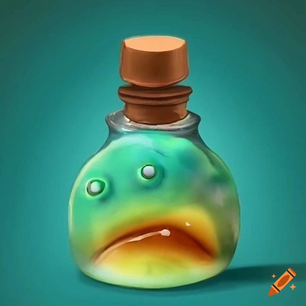 Close-up of a bottle with frog eye potion on Craiyon