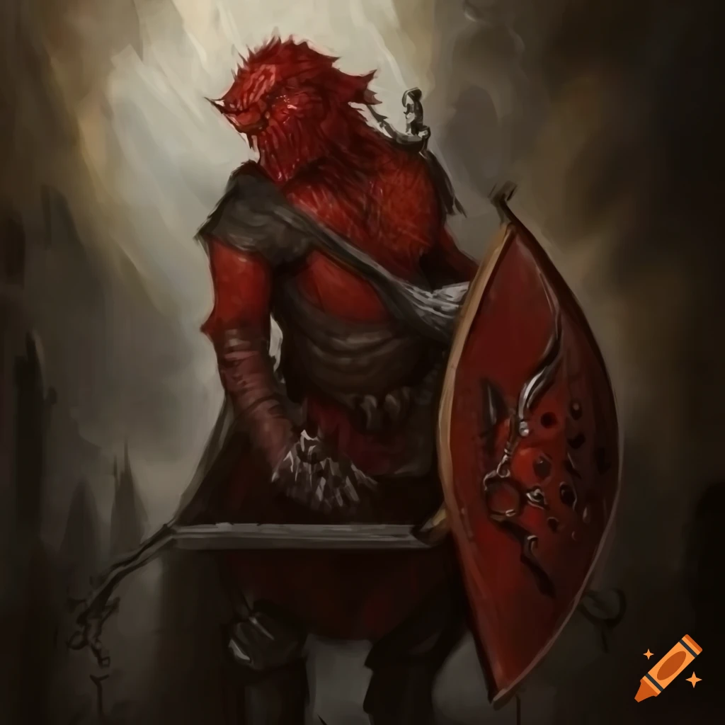 Red dragonborn in chain mail holding a lance and shield on Craiyon