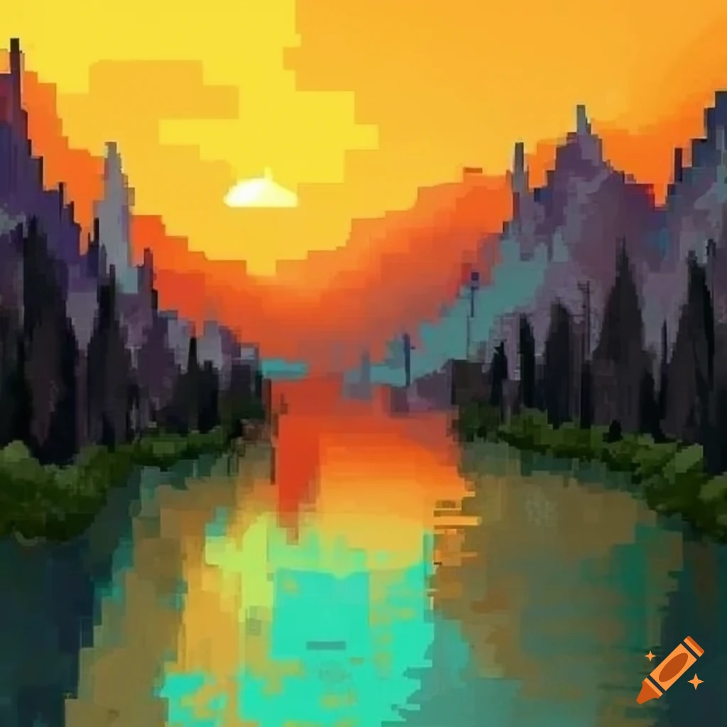 Pixelated landscape with mountains and lake in 2400x1800 resolution on ...