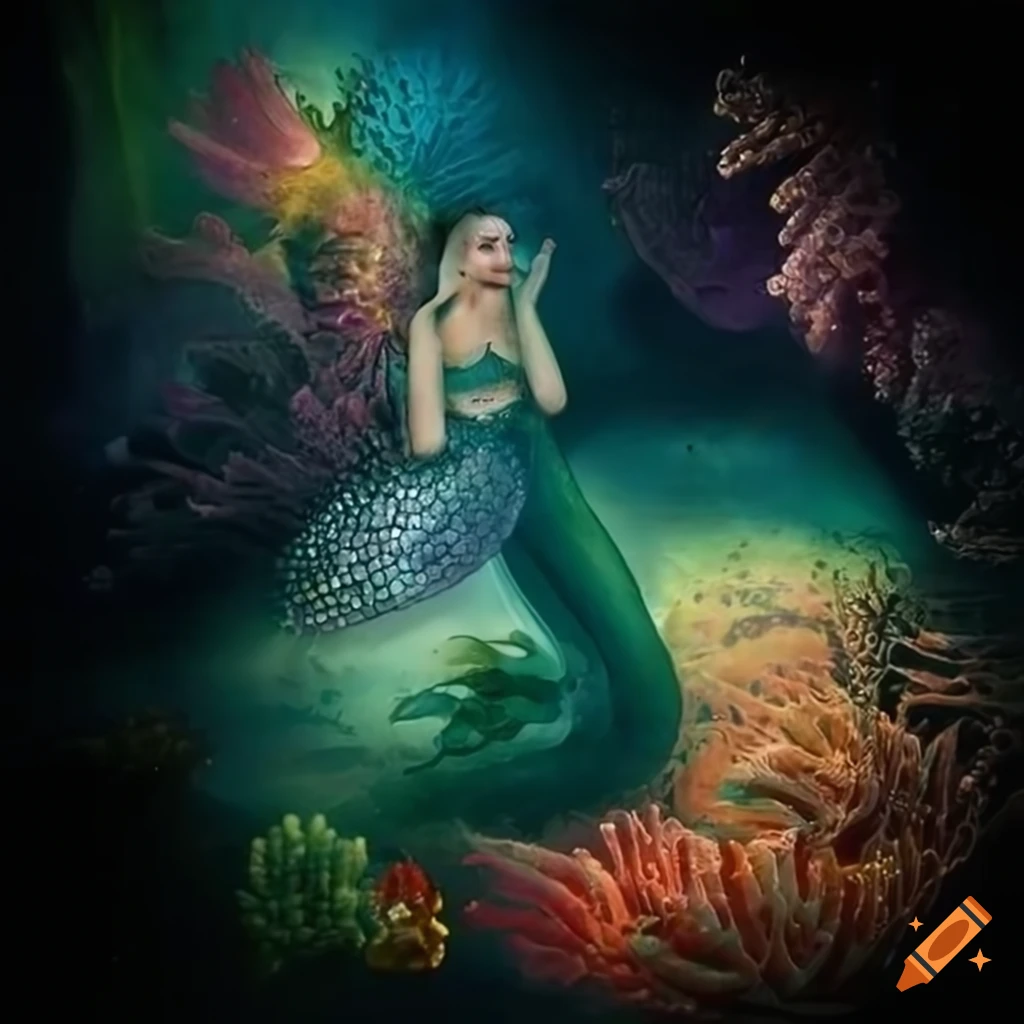 Two mermaid goddesses overseeing an enchanting realm of iridescent coral reefs on Craiyon