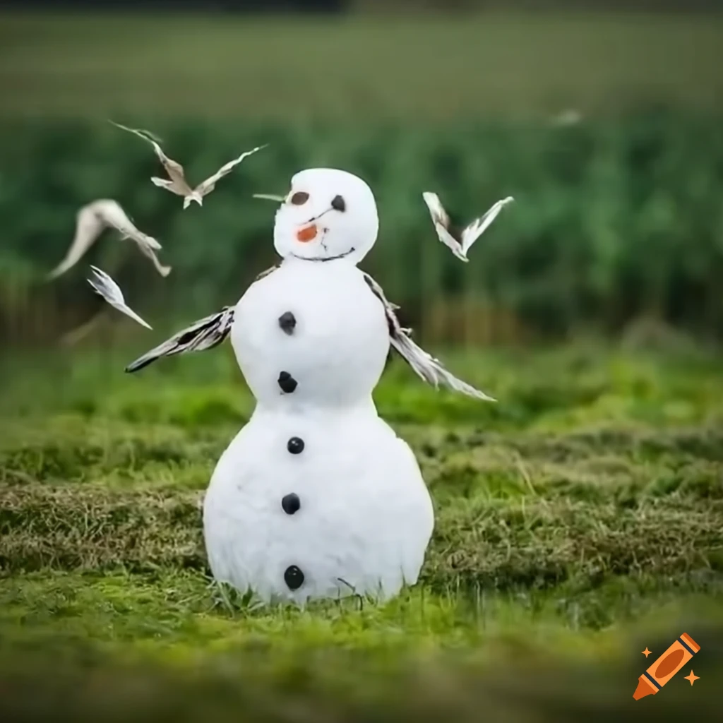 Snowman in overgrown cornfield with birds taking flight on Craiyon