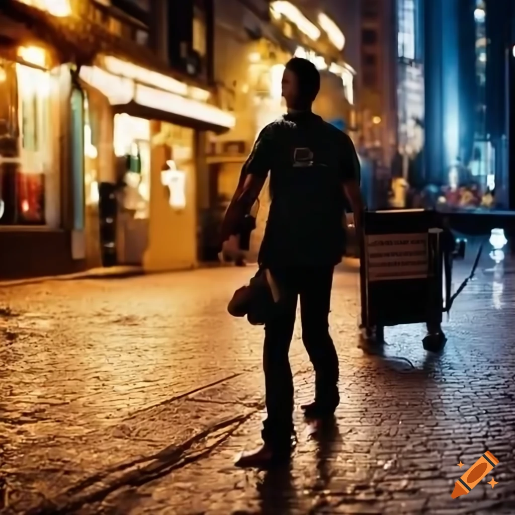 Man carrying a cash register in the city at night on Craiyon