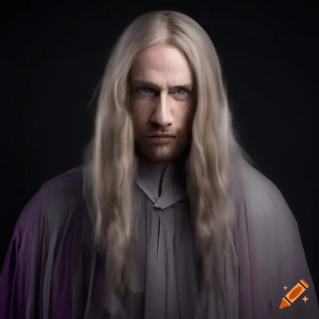 Middle-aged elven man in grey robes surrounded by purple mist on Craiyon