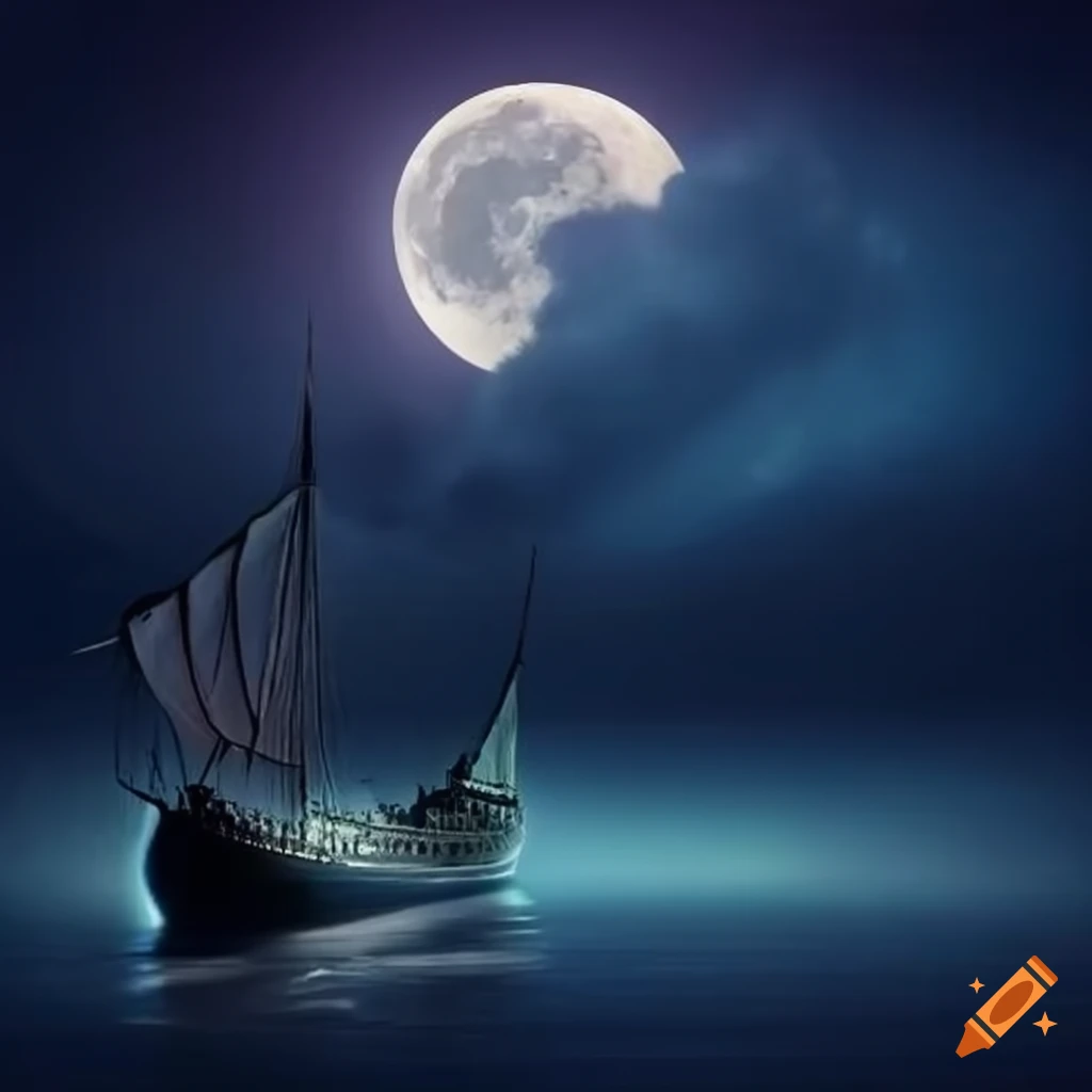 Viking ship sailing under a full moon at night in an abstract depiction ...