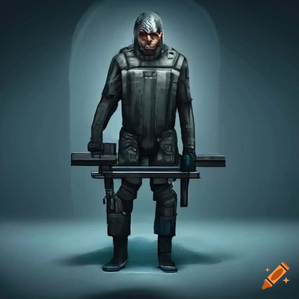 Sci-fi prison guard with manacles, menacingly looking at viewer on Craiyon