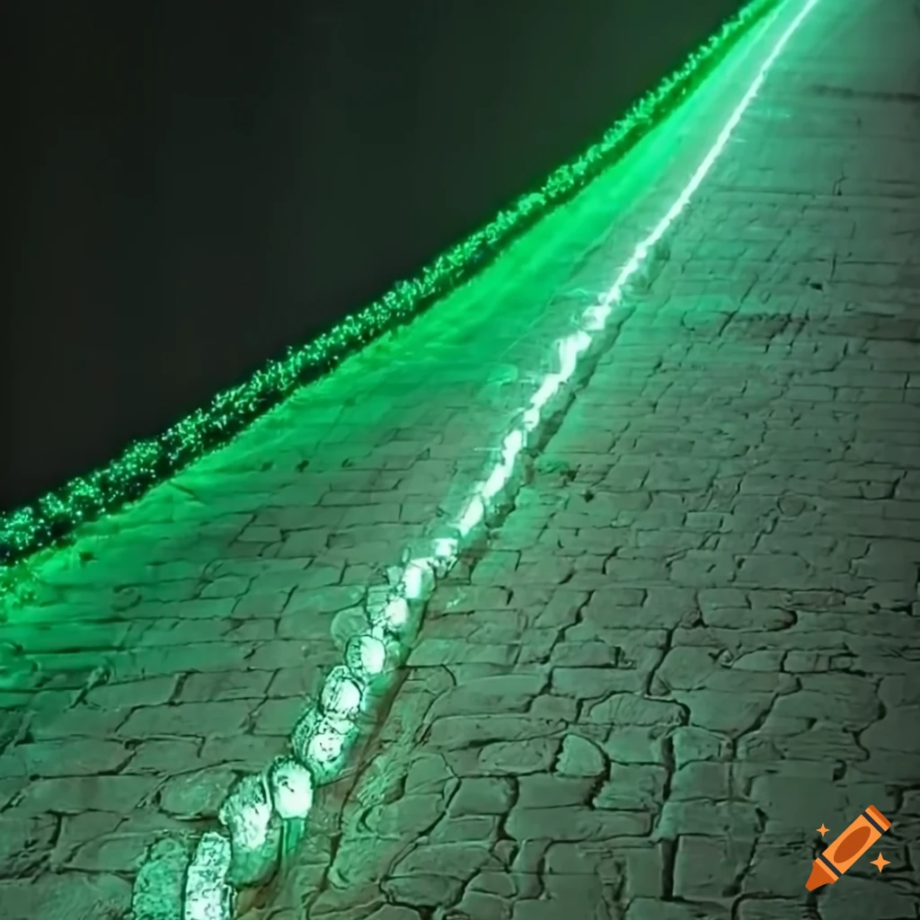 Art light installation on a town wall at nighttime with a long green ...