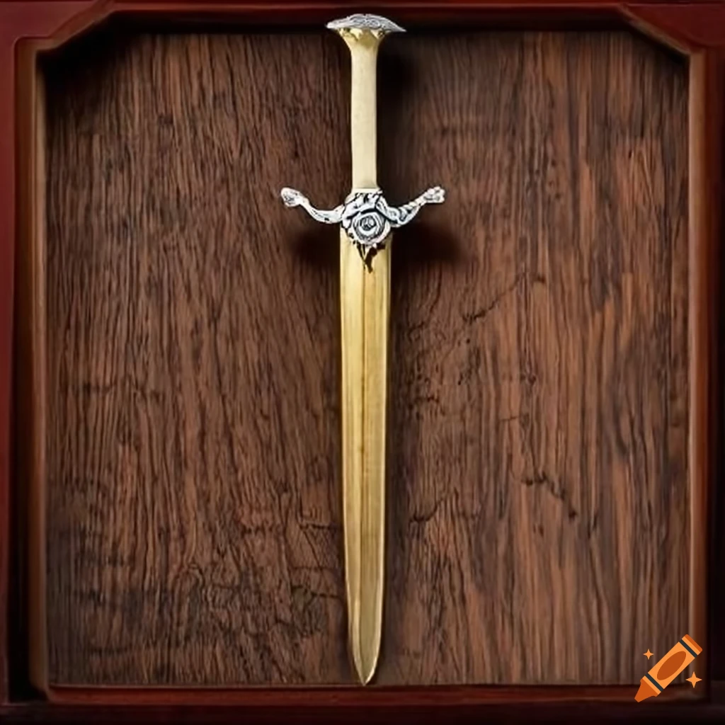Golden shiny epic sword inside an open wooden box with a white lining ...