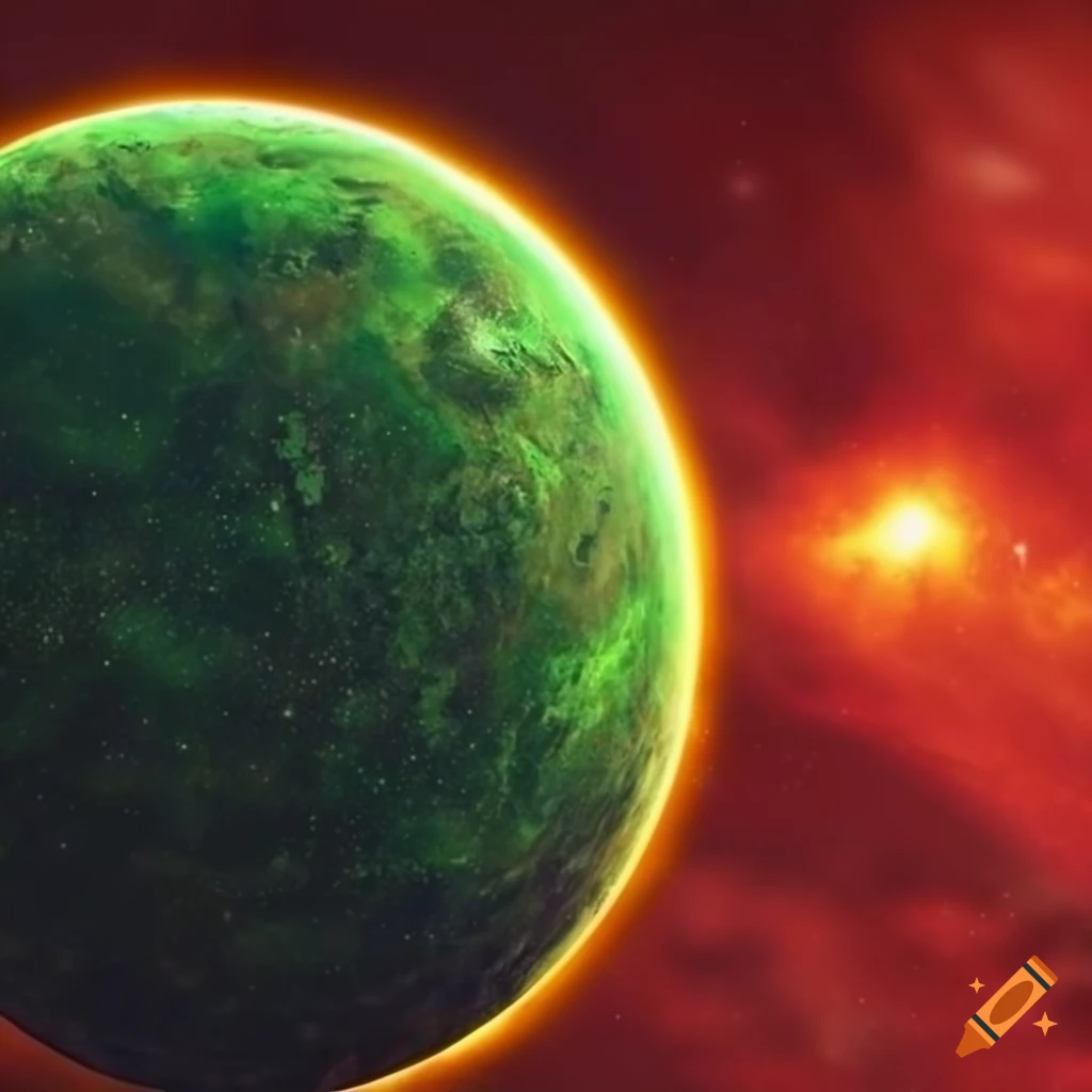 Lovecraftian green planet in space with red background and golden stars on Craiyon