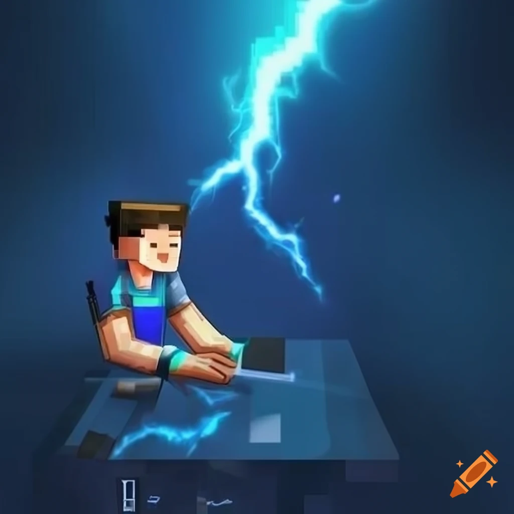 Male gamer with minecraft shirt in a blue lightning gaming setup on Craiyon
