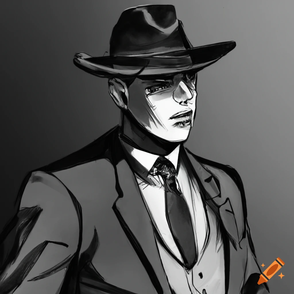 Black and white sketch of a mysterious mafia man in a suit and cowboy ...