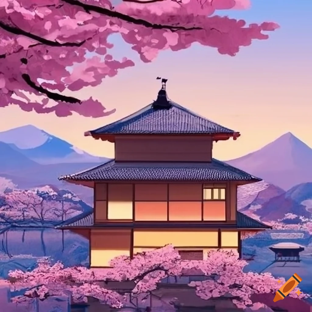 Traditional japanese houses with a sakura tree in the background on Craiyon