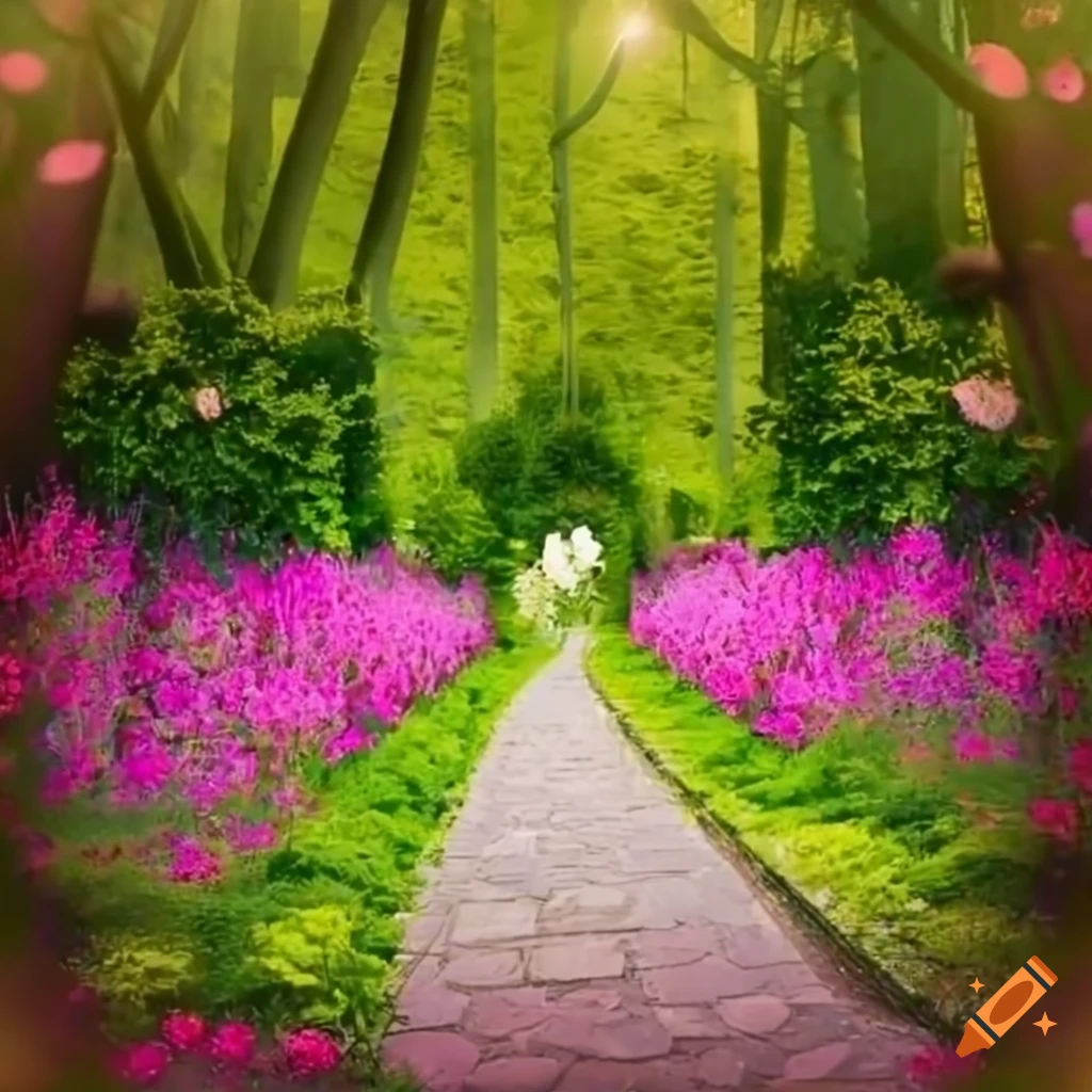 Stone path through a pink flower meadow in a botanical garden on Craiyon