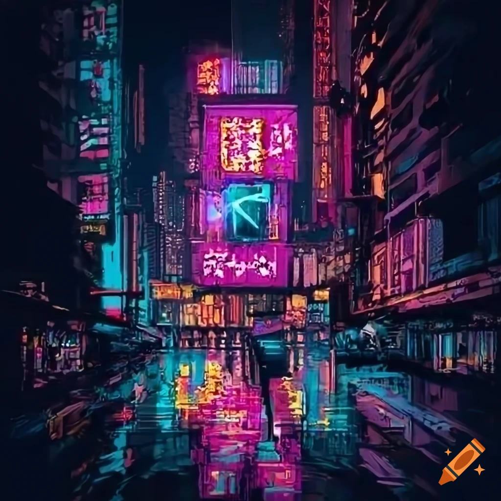 Neo-hong kong cityscape in year 2950 with neon signs, flying transports ...