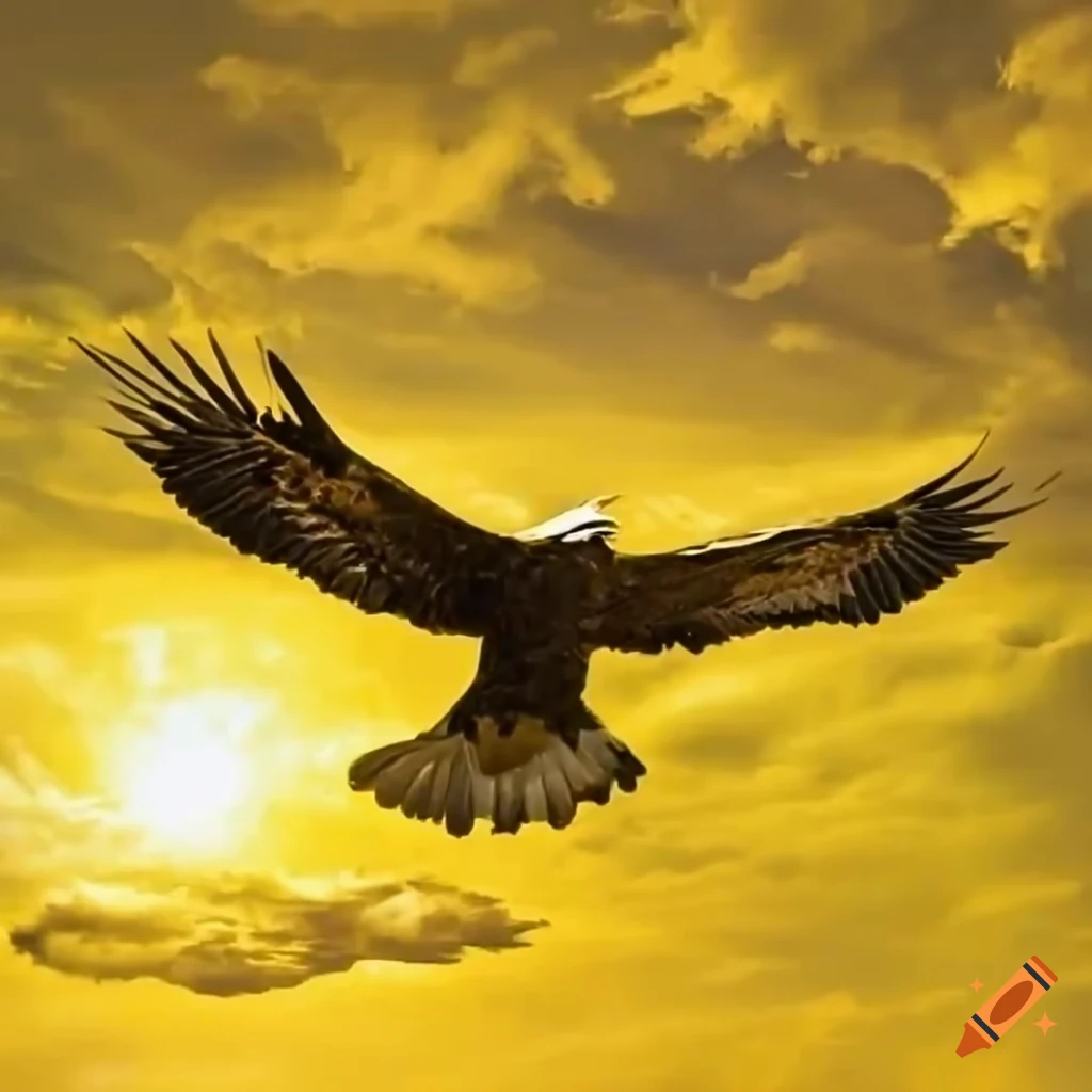 Giant yellow eagle flying among shiny yellow clouds on Craiyon