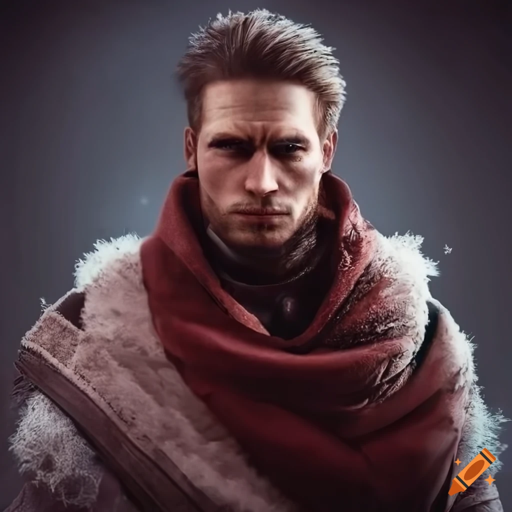 Handsome man draped in latvian flag in a frostpunk world on Craiyon