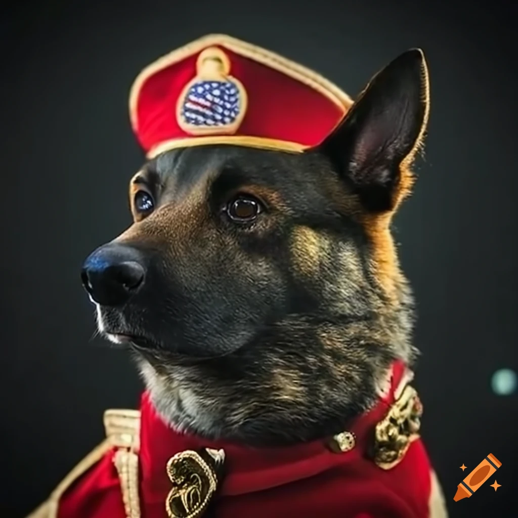 Military veteran dog in patriotic dress uniform on Craiyon