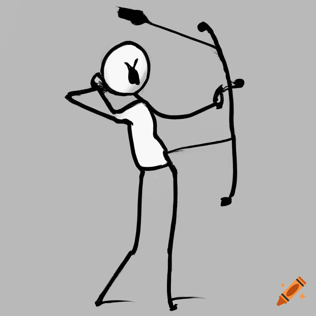 Cute stick figure aiming a bow and arrow with their bare feet on Craiyon
